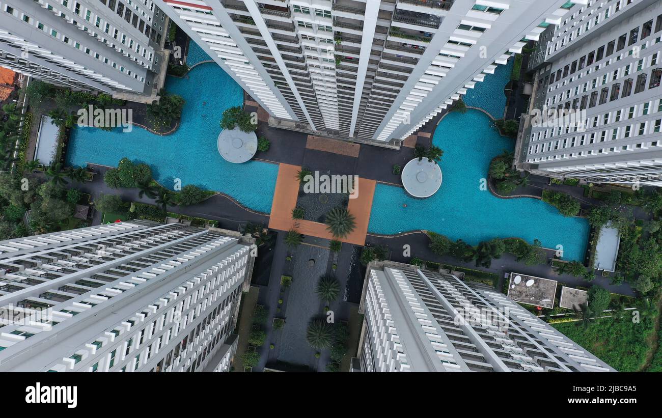 High angle, looking down view on modern apartment building. Jakarta ...