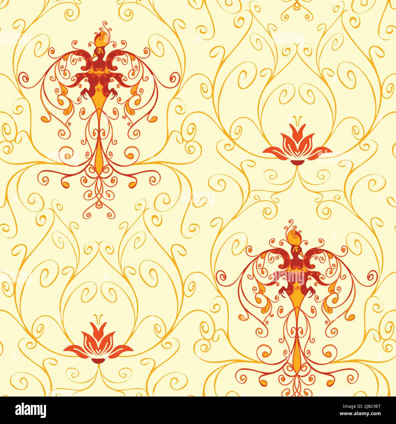Seamless vector pattern with fire bird on white background. Phoenix wallpaper design with lotus ...