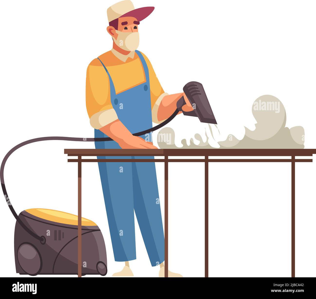 Male cleaner in mask cleaning table with professional machine flat ...