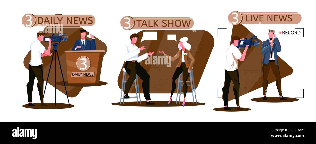 News tv set of three flat compositions with daily live news and talk ...