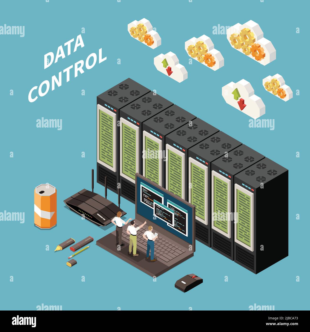 Datacenter isometric colored concept with data control headline and abstract server room vector ...