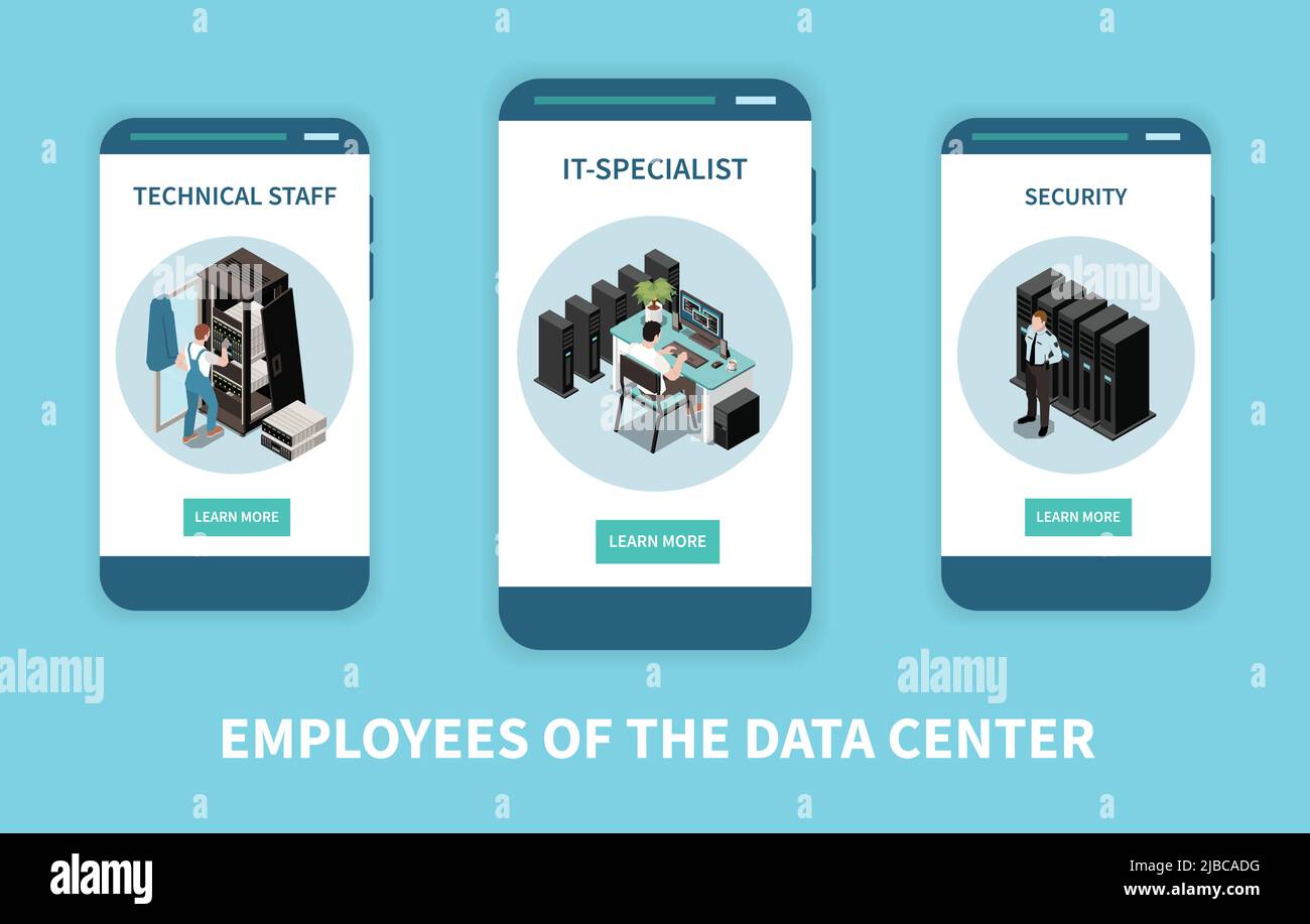 Three vertical datacenter isometric banner set with employers of the ...