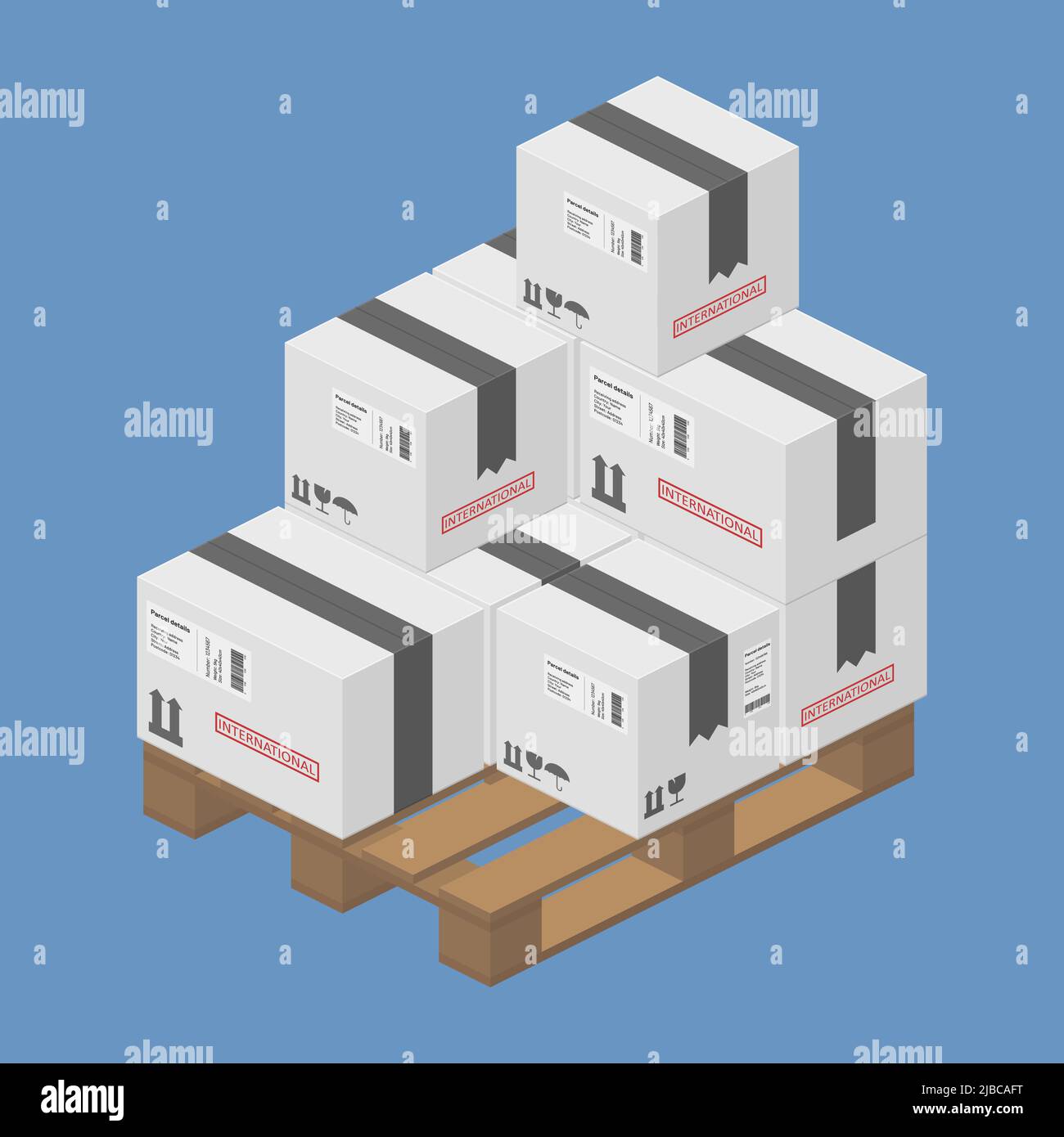 isometric cardboard box packages parcel detailed on wooden pallet ...