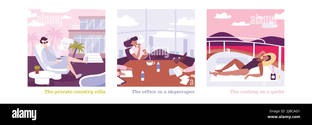 Rich people flat illustrations with millionaires on private country ...