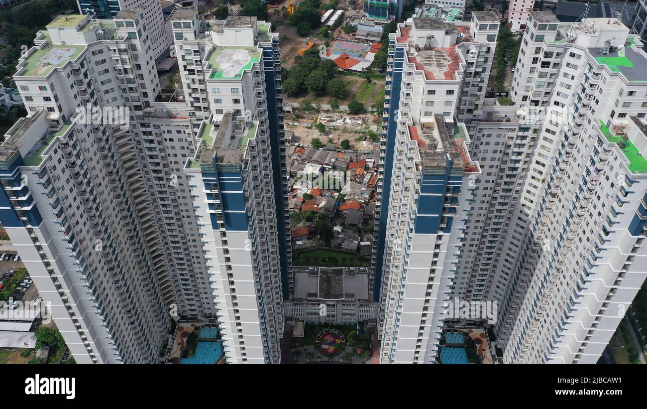 High angle, looking down view on modern apartment building. Jakarta ...