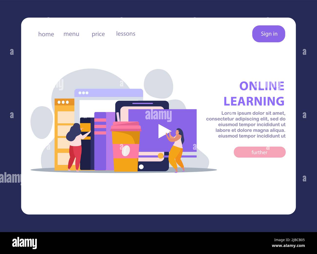 E-learning home schooling flat landing page with books and windows ...