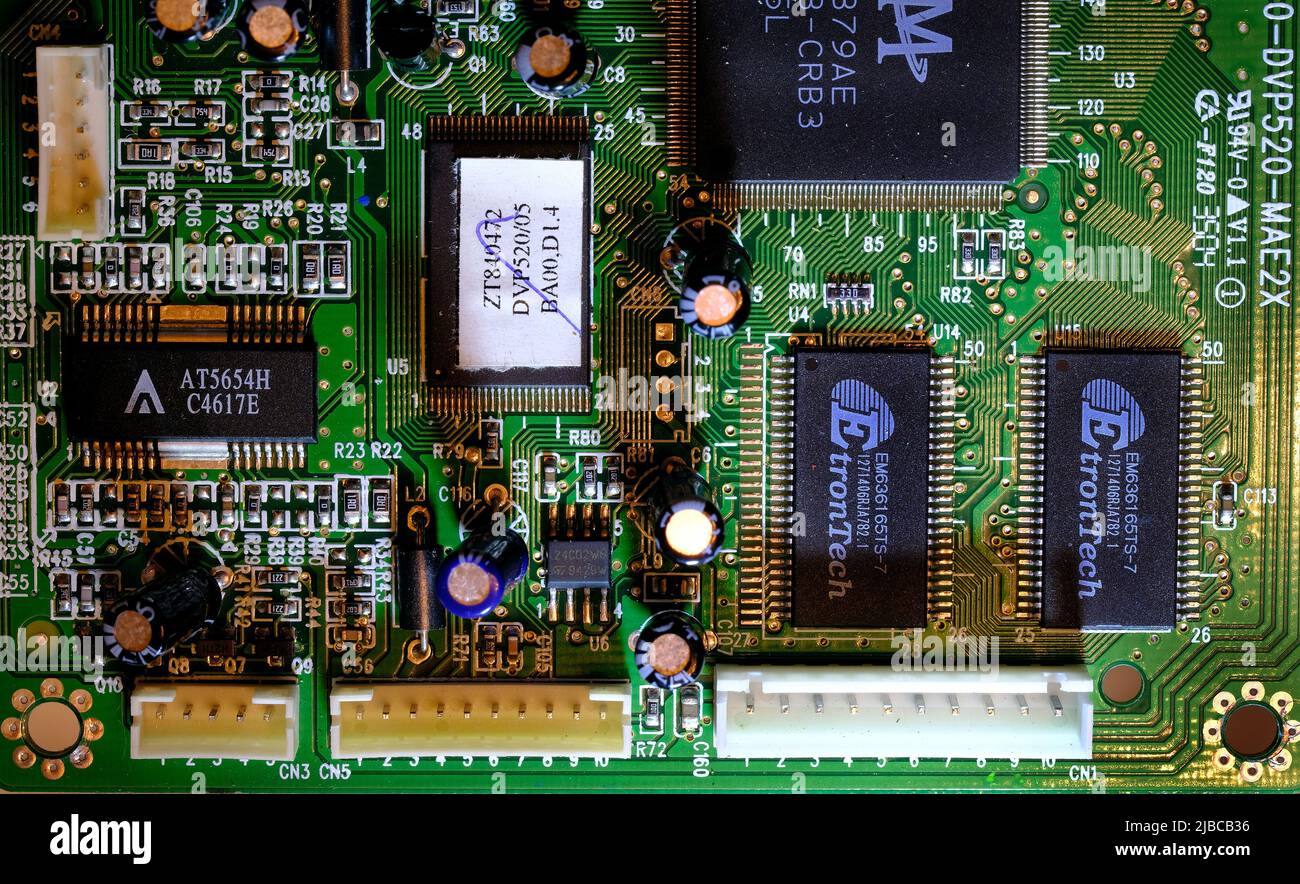 Computer circuit board with various components and chips Stock Photo ...