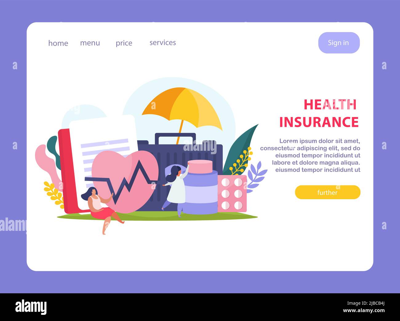Health insurance page design with price and services symbols flat vetor ...
