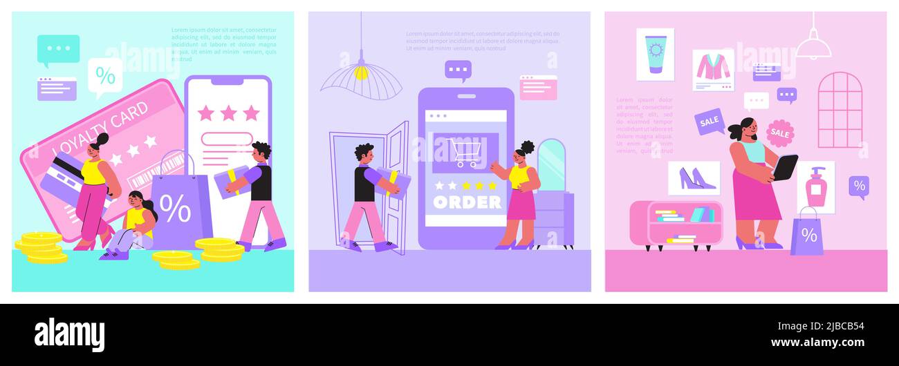 Online shopping illustrations set of loyalty program online order ...