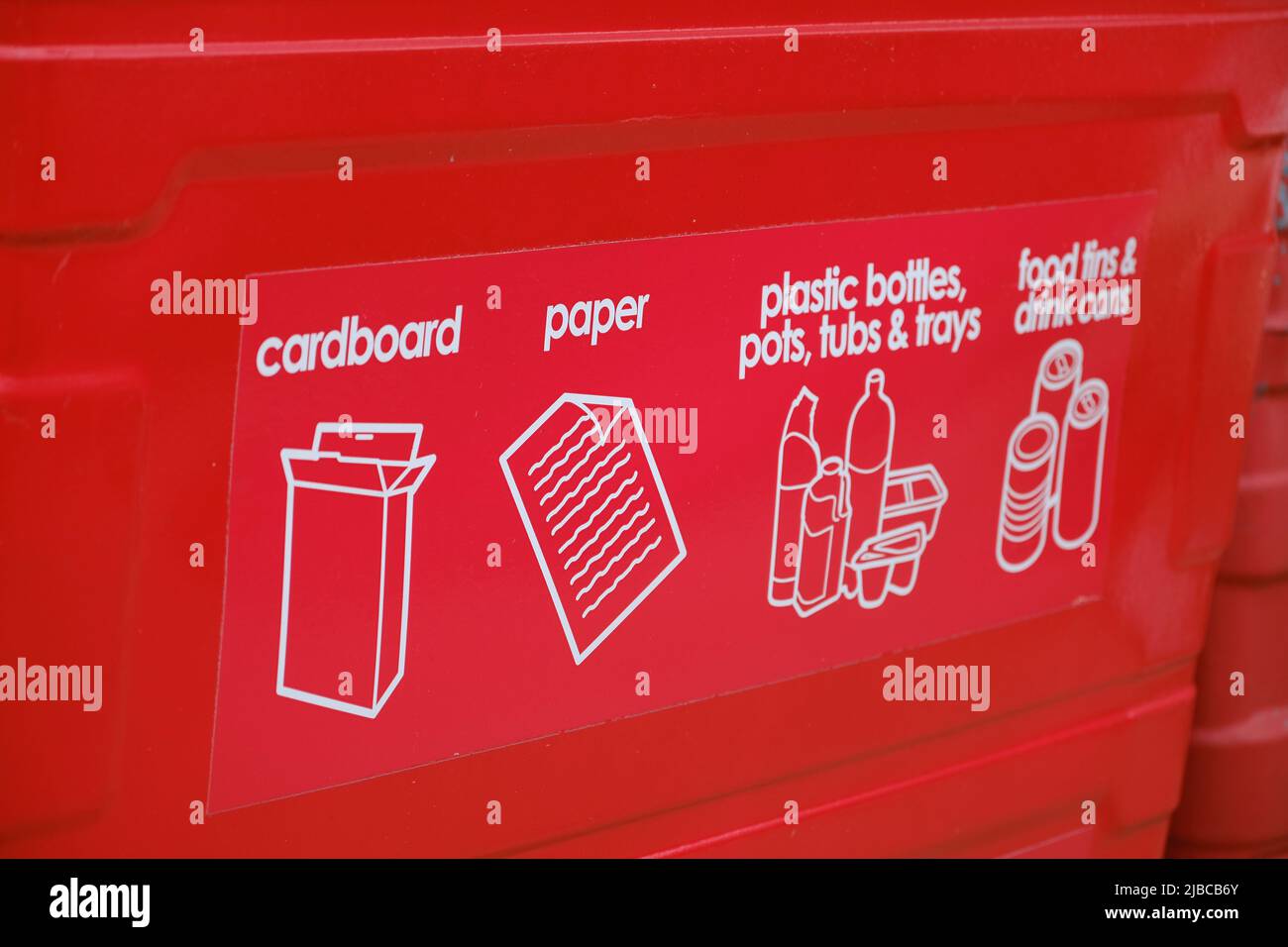 Signs on the side of a large industrial waste bin Stock Photo - Alamy