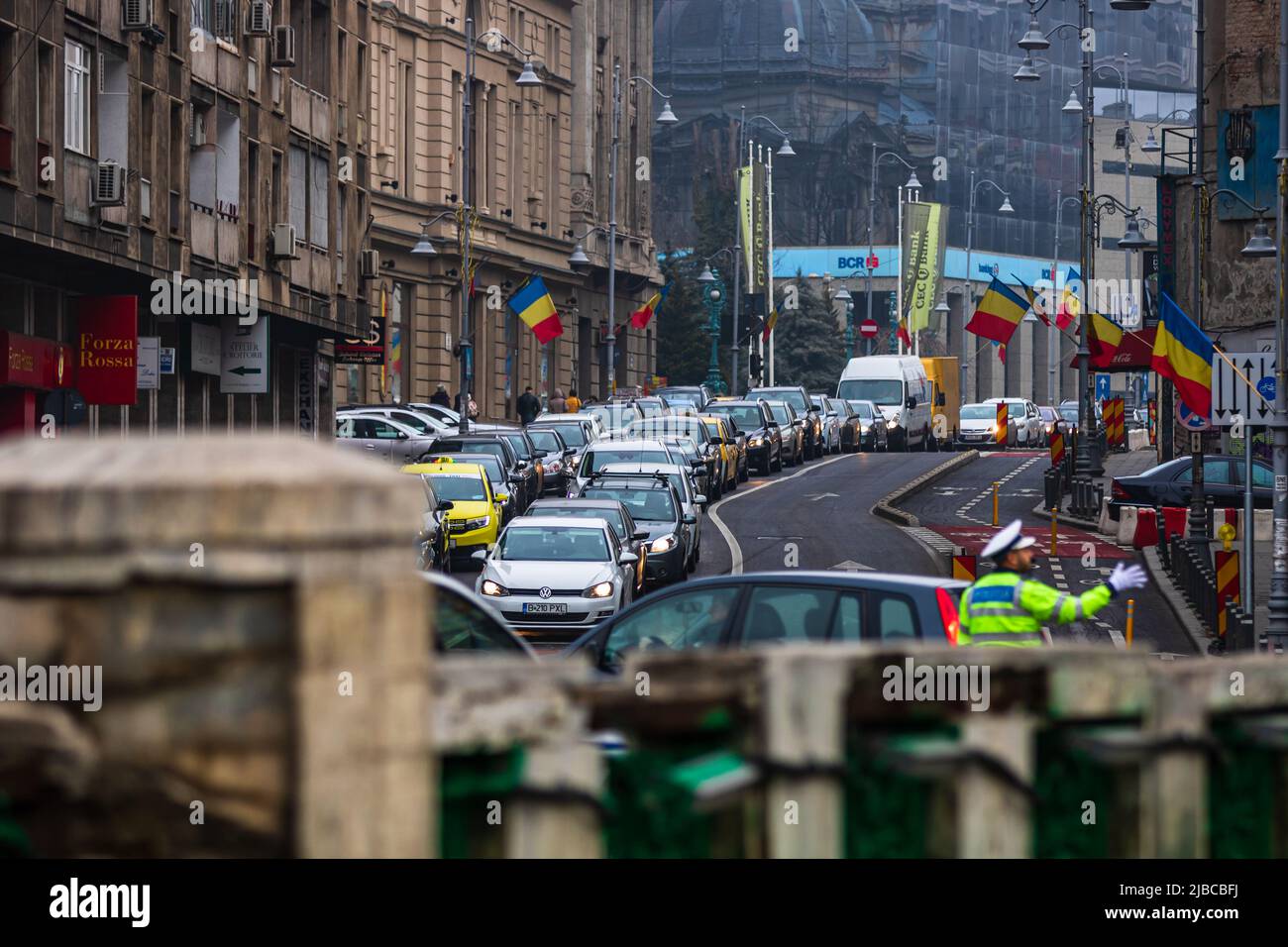 Car traffic, pollution, traffic jam in the morning and evening in the ...