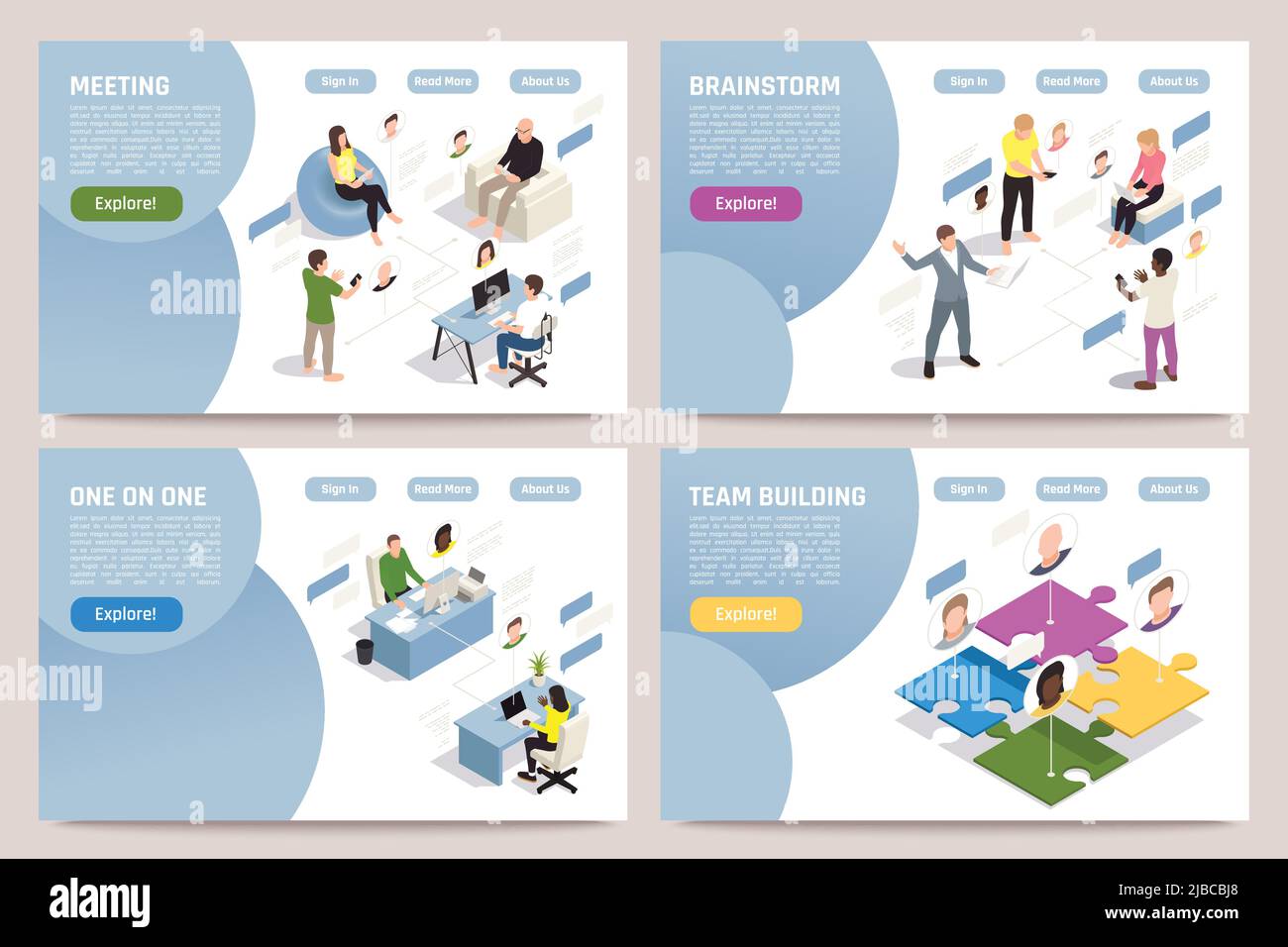 Team building isometric banners set with people communicating working ...