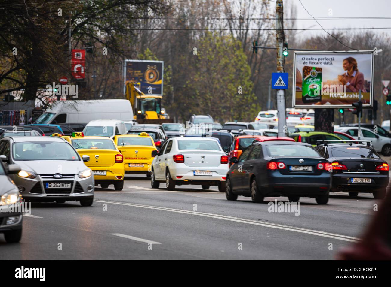 Car traffic, pollution, traffic jam in the morning and evening in the ...