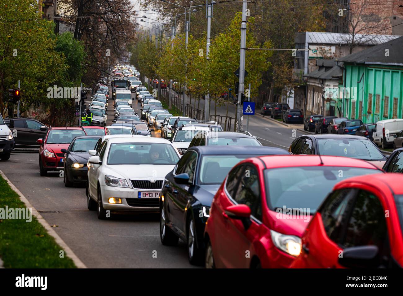 Car traffic, pollution, traffic jam in the morning and evening in the ...