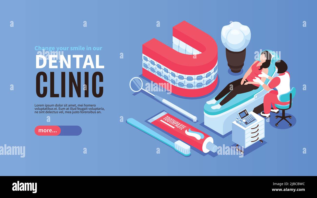 Isometric dantist horizontal banner with editable text more button and ...