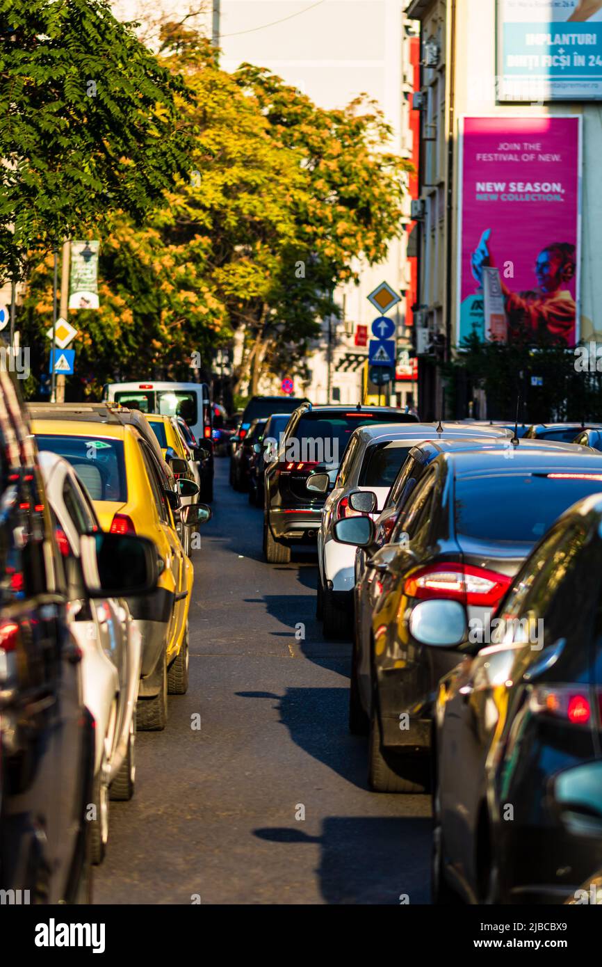 Car traffic, pollution, traffic jam in the morning and evening in the ...