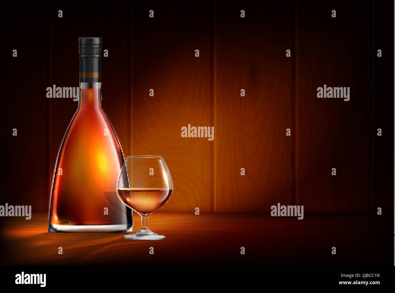 Brandy cognac whiskey glass bottles realistic composition with wooden walls and stylish glowing ...