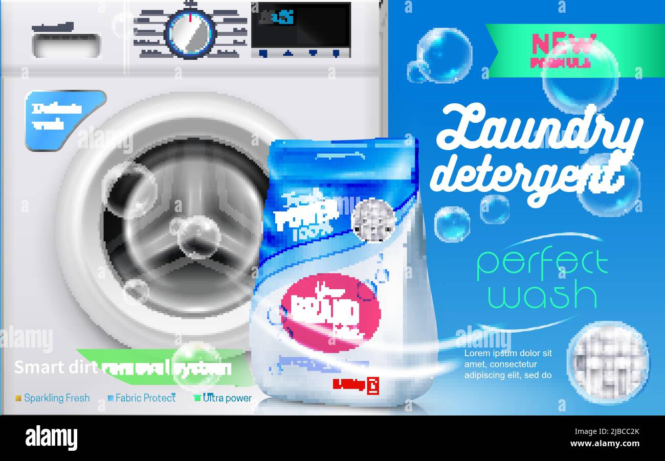 Laundry detergent realistic colored banner with perfect wash ...