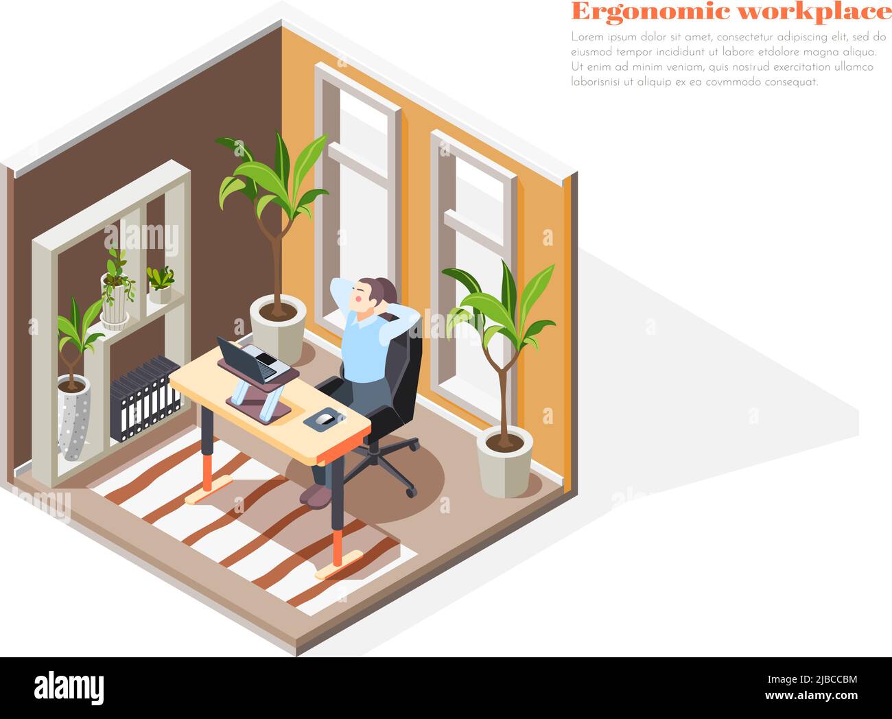 Ergonomic workplace composition with person sitting at desk in light ...