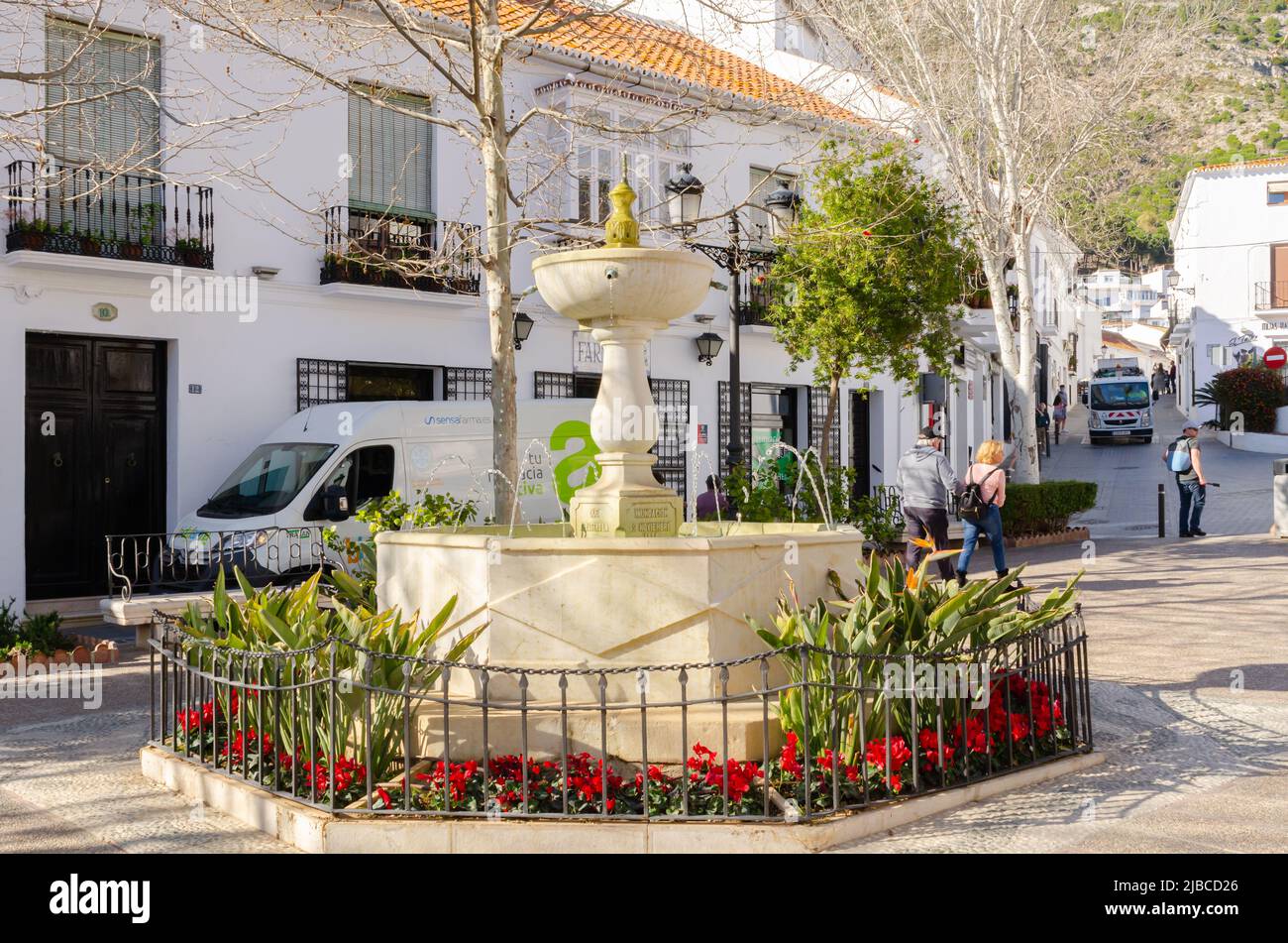 MIJAS, SPAIN - 01 MARCH 2022 In the central square, you can see the ...