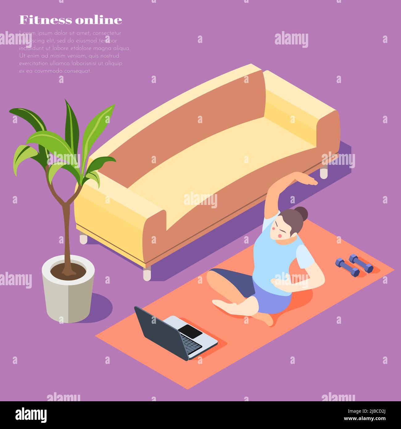 Fitness online isometric background with woman doing yoga exercise on ...