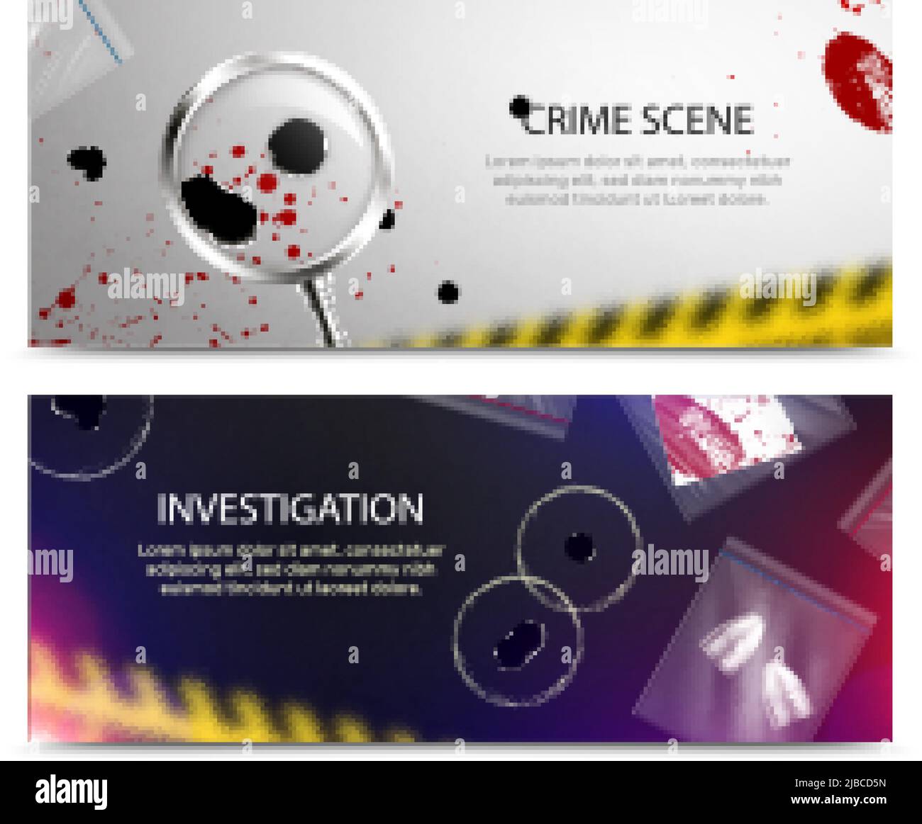 Criminalistic detective horizontal banners set with realistic closeup ...
