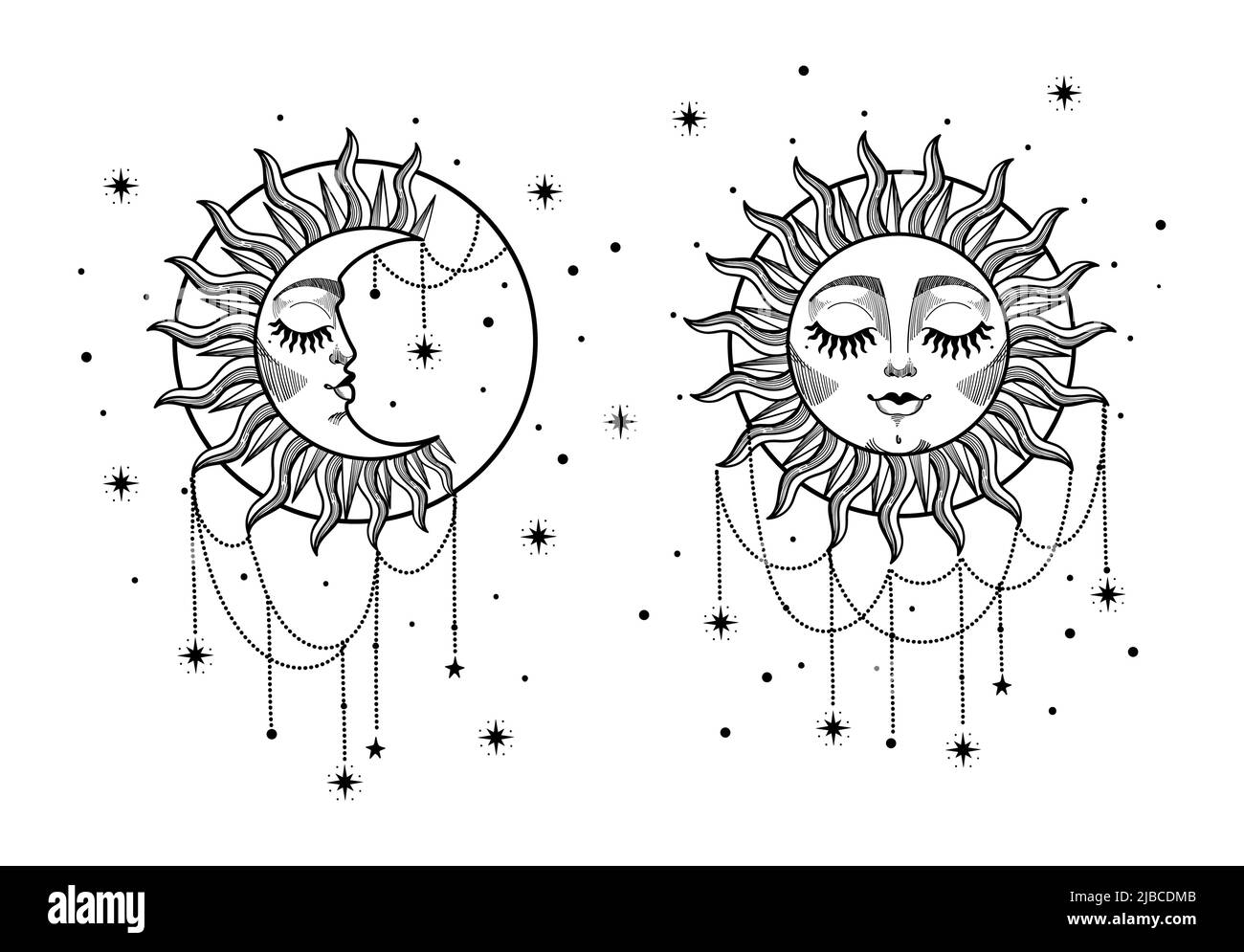 Ornate boho sun and moon face. Linear hand drone icon for witch, tarot ...