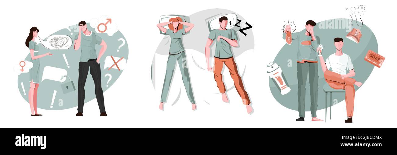 Men problem compositions set with flat female and male human characters ...