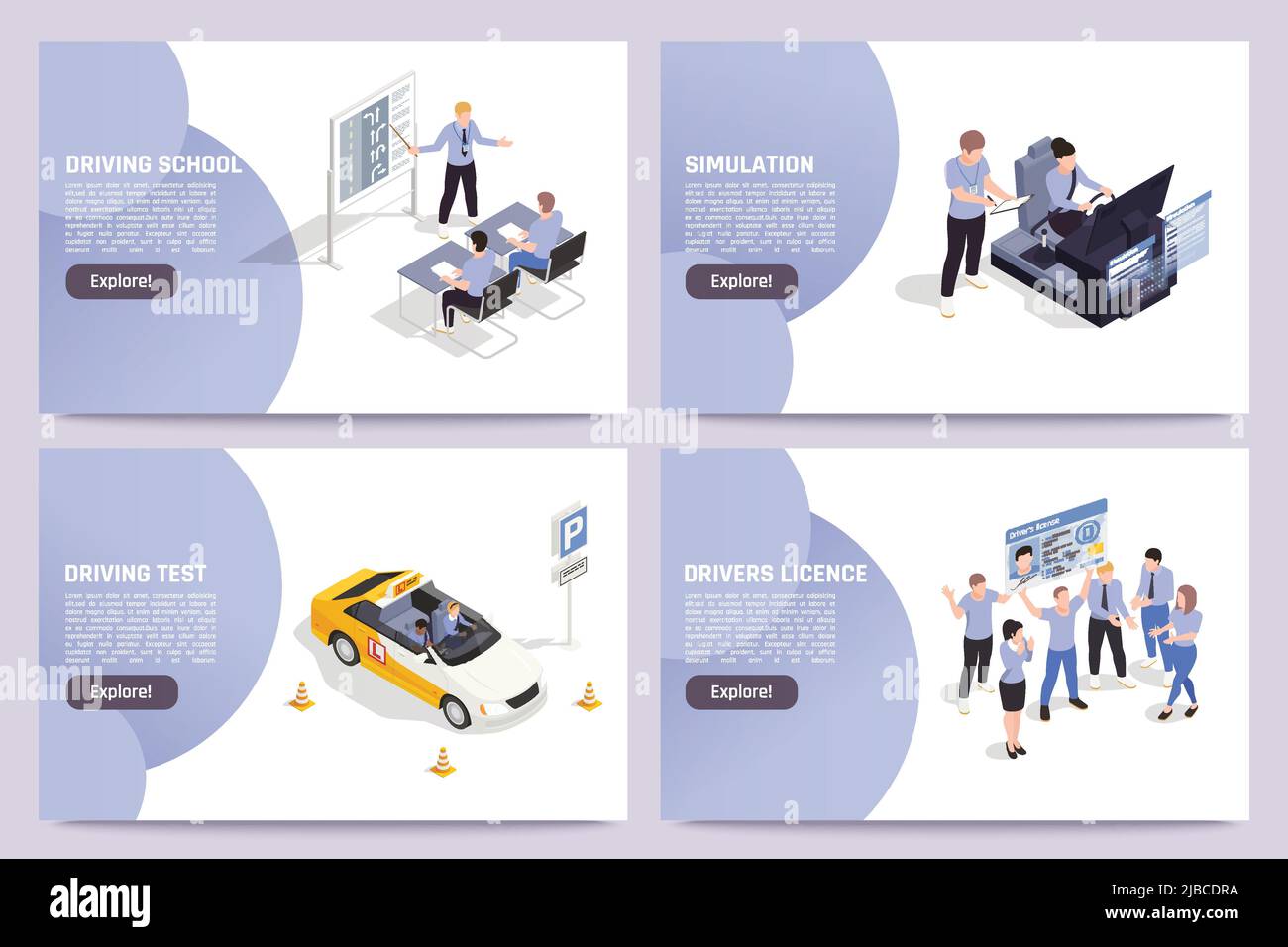 Online driving school advertising 4 isometric web banners with personal ...