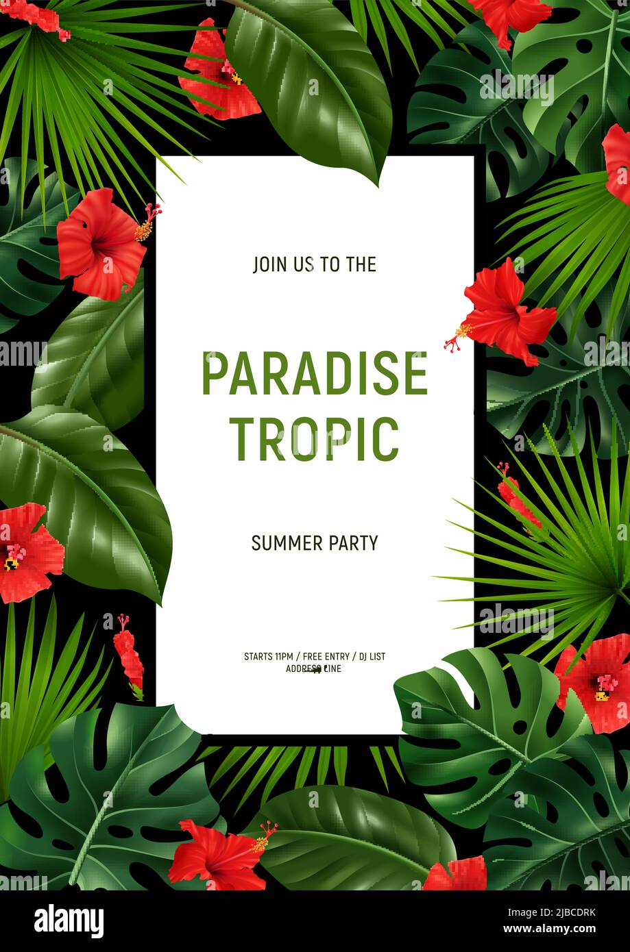 Realistic hibiscus vertical poster with rectangular frame editable text ...