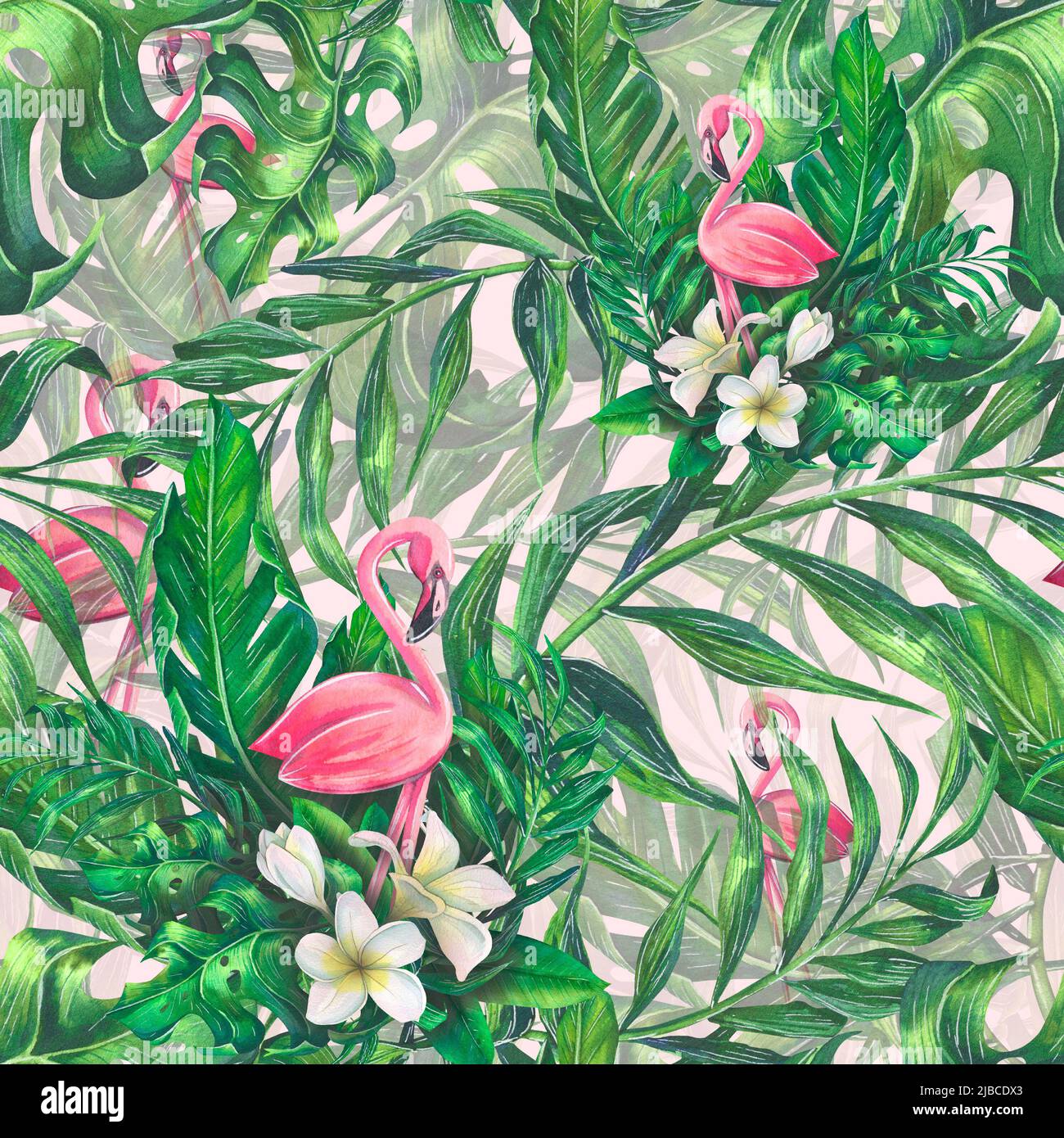 Watercolor illustration of a pink flamingo with tropical leaves ...