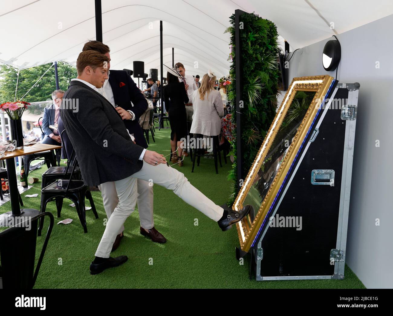 Racegoers in the Hyperion bar on Derby Day during the Cazoo Derby ...