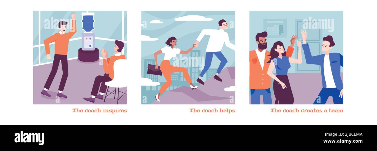 Coaching flat illustrations set with coaches creating team and ...