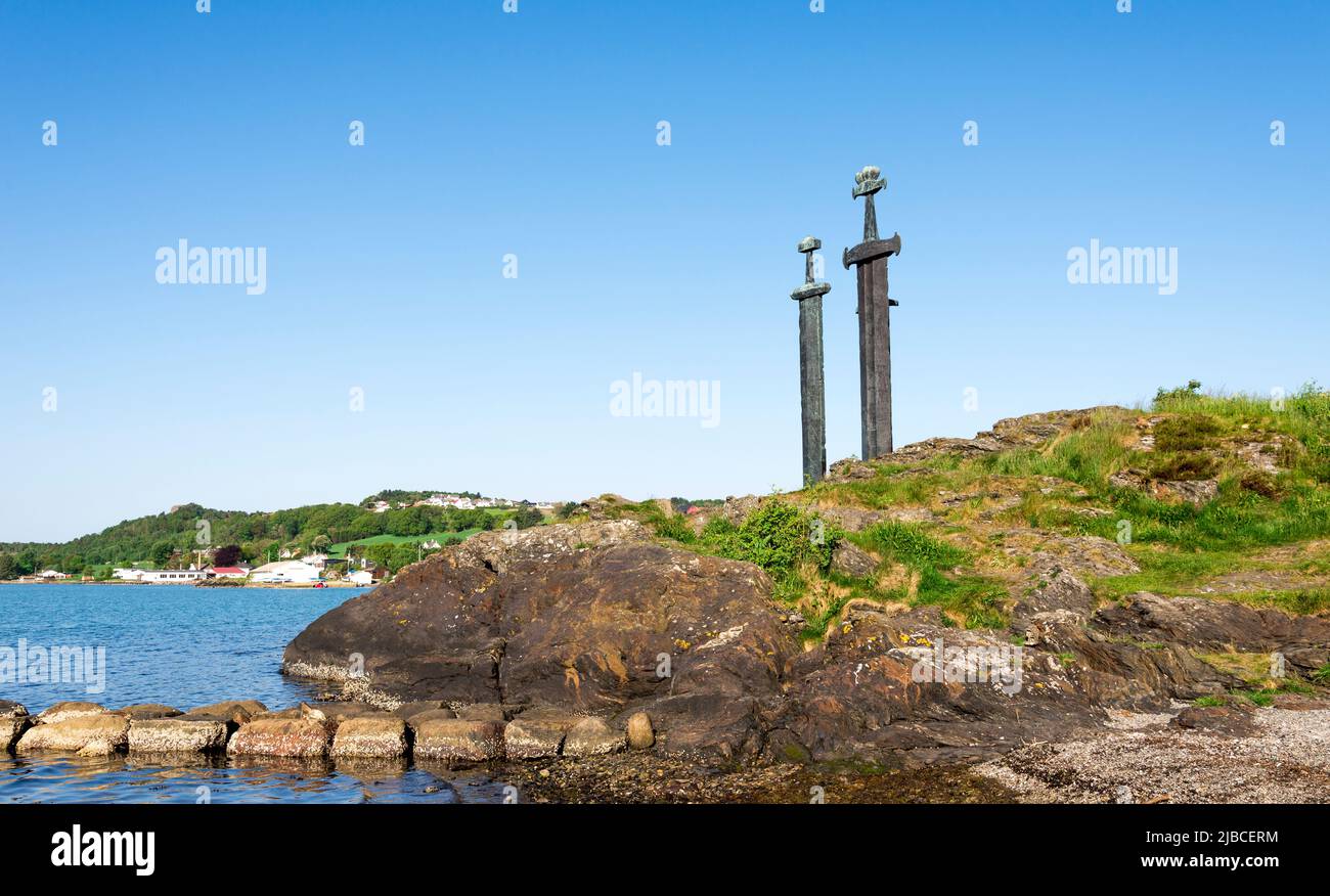 A view of Sword in Rock monument on the sea coast of Hafrsfjord fjord ...