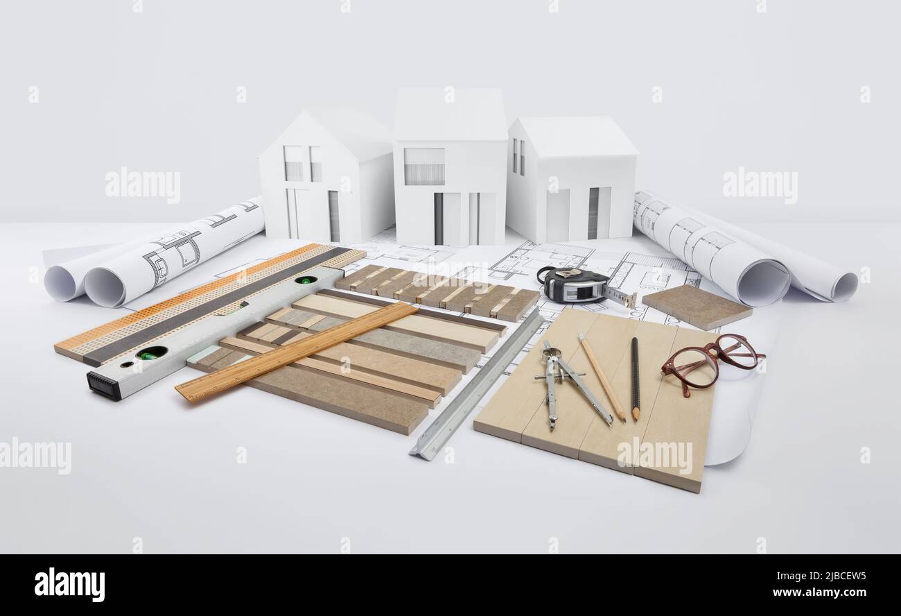 marble samples and tiles with measuring and drawing tools on blueprint ...