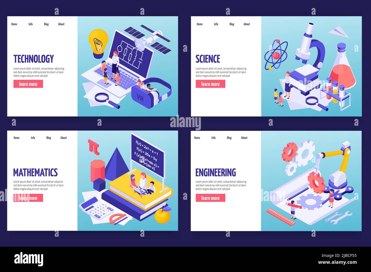 STEM education four horizontal banners with header words science technology engineering ...