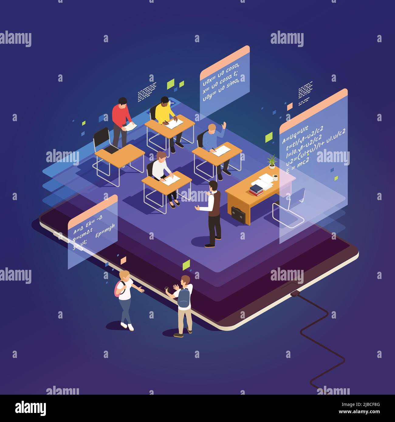 Online education isometric concept with students and teacher in ...