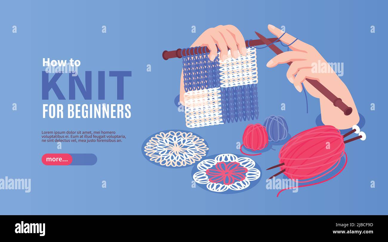 Isometric knitting horizontal banner with hands holding needles and ...