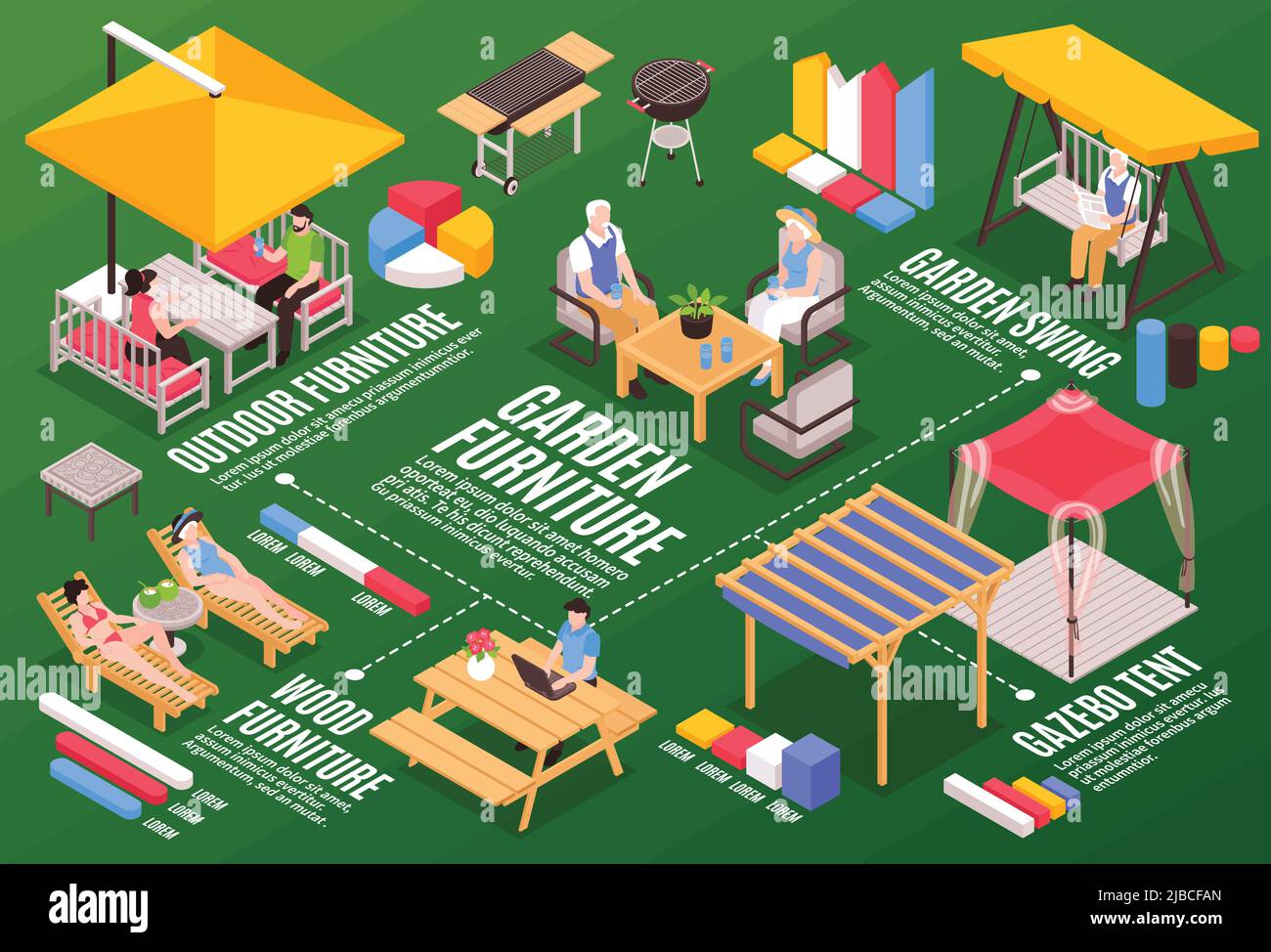 Isometric garden furniture horizontal composition with graph elements ... Isometric garden furniture horizontal composition with graph elements ...