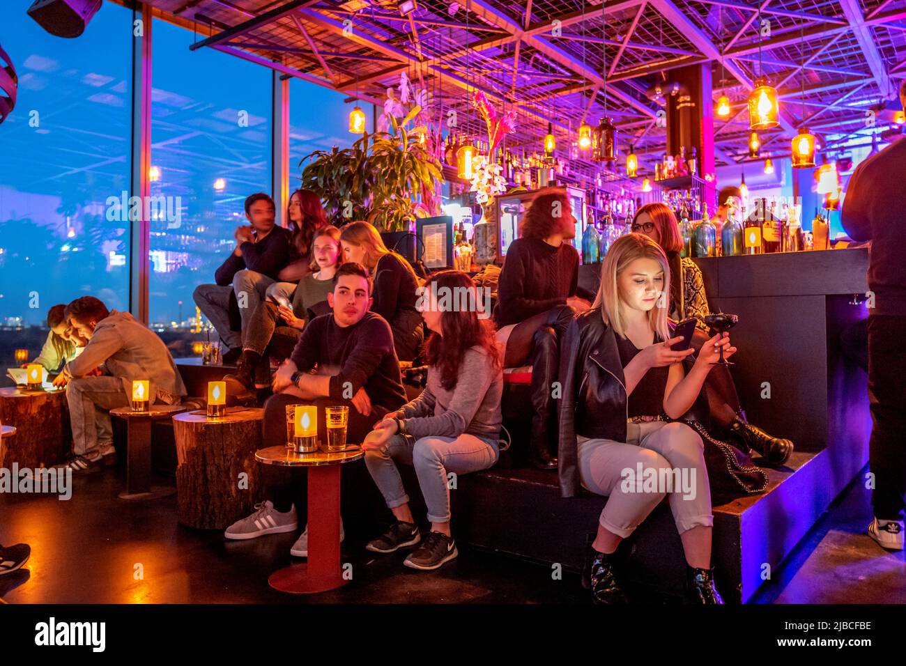 Berlin, March 24th 2019: Inside a rooftop bar in Berlin Stock Photo - Alamy