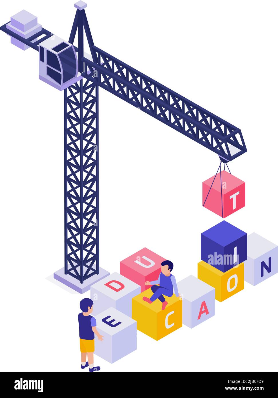 Pupils building word education with blocks isometric concept vector ...
