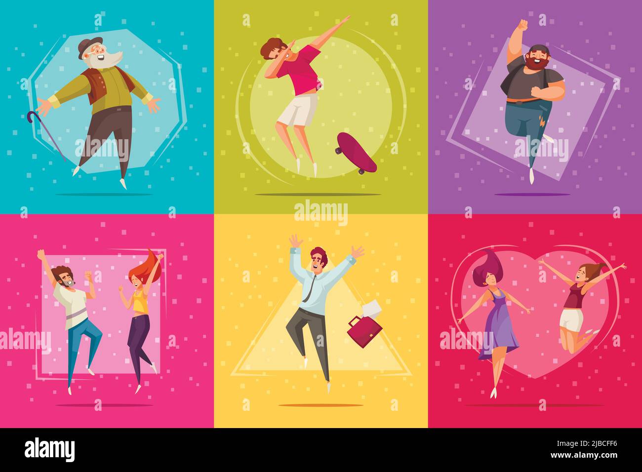 Joyful jumping people design set with fun and success symbols flat ...