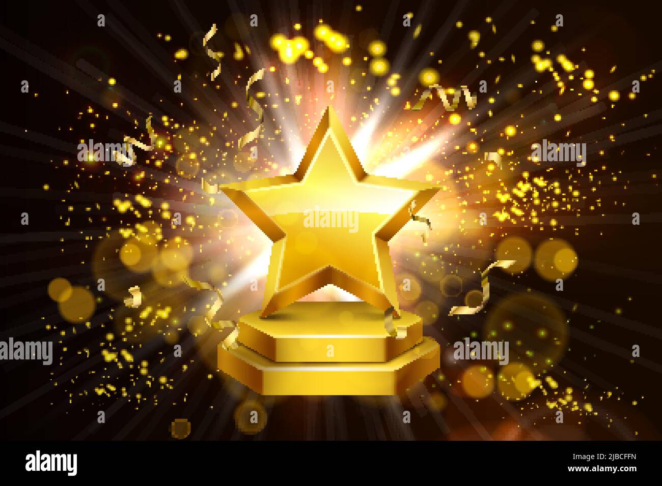 Realistic awards composition of shining star with golden particles and ...
