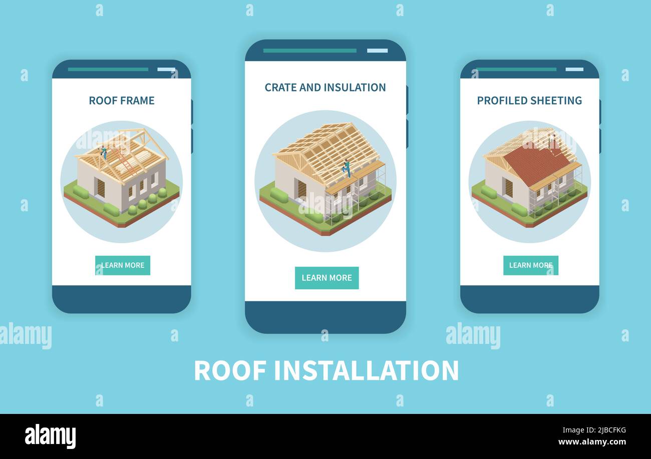Roof installation company app 3 isometric smartphone screens with ...