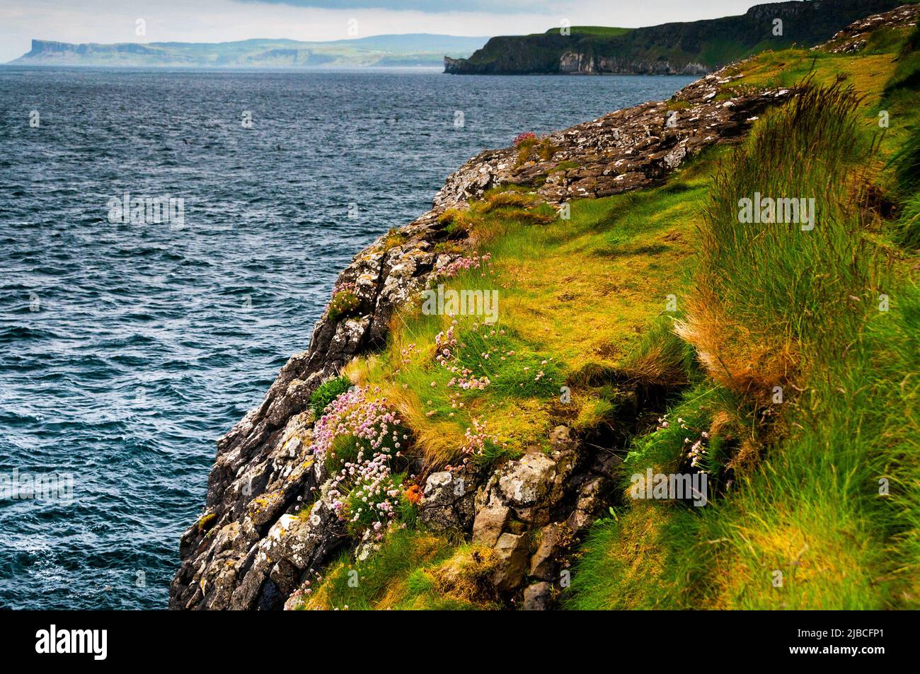 Rocky sea cliffs and the Irish Sea on the Antrim Coast in Northern ...
