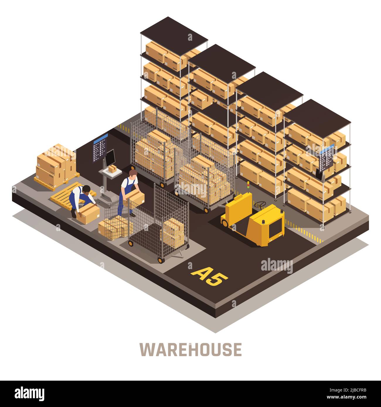 Modern warehouse facility operating process isometric compositions with cargo delivery tracking ...