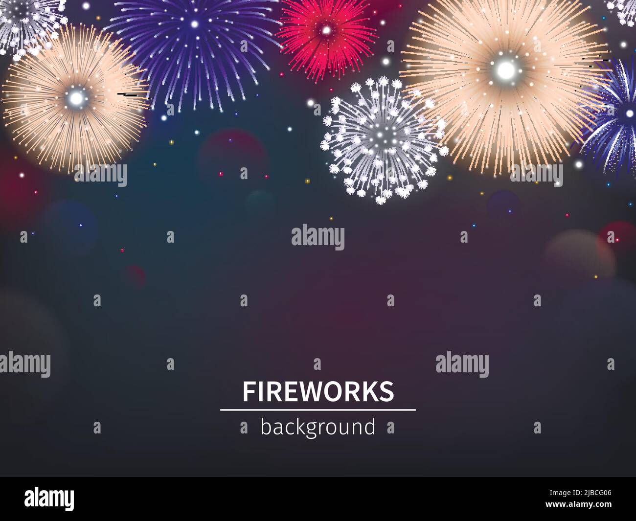 Beautiful fireworks of different colors on dark background realistic ...