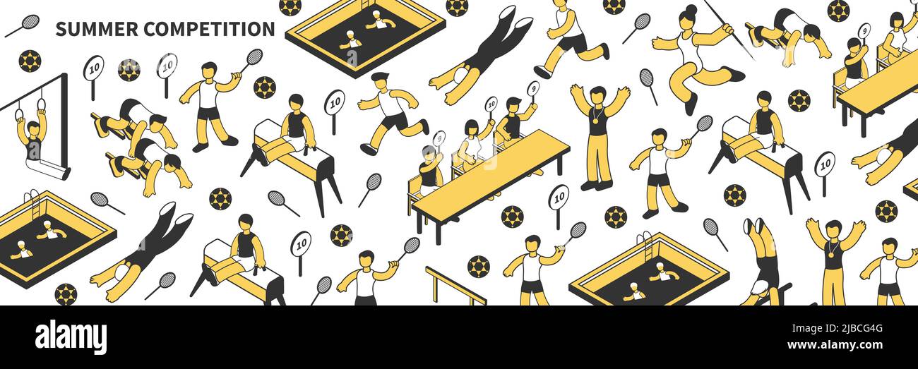 Summer competition isometric seamless pattern with judges and athletes ...