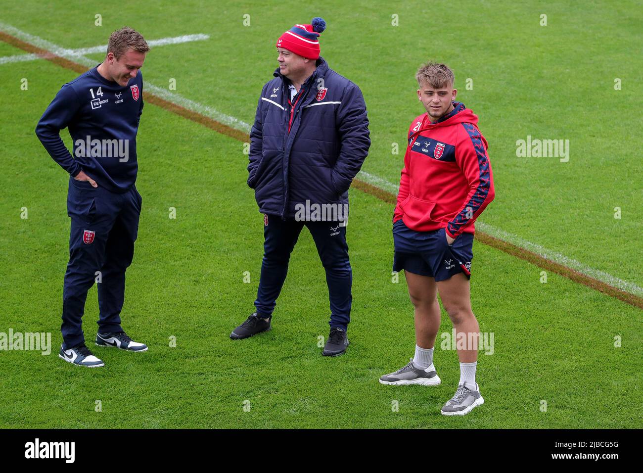 Mikey Lewis #20 of Hull KR back from injury with Jez Litten #14 of Hull ...
