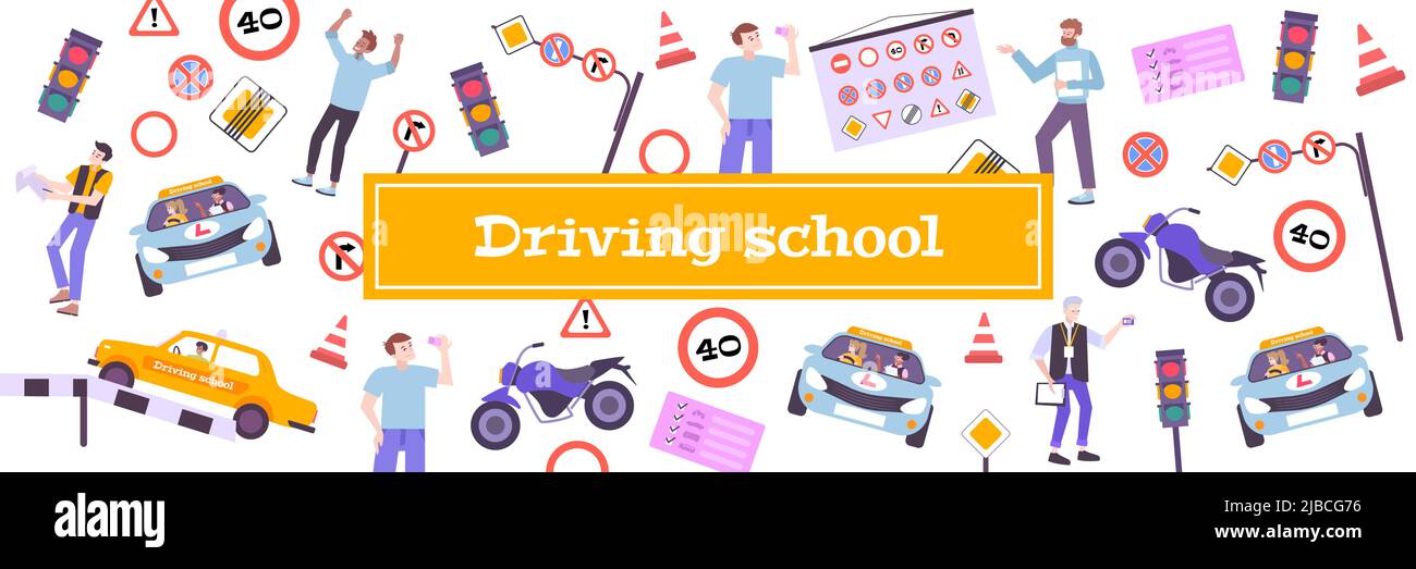 Driving school training background with practice symbols flat vector ...
